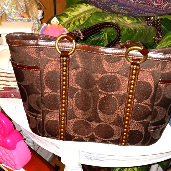 Coach | Bags | Coach Signature Studded Brown Designer Tote Bag | Poshmark